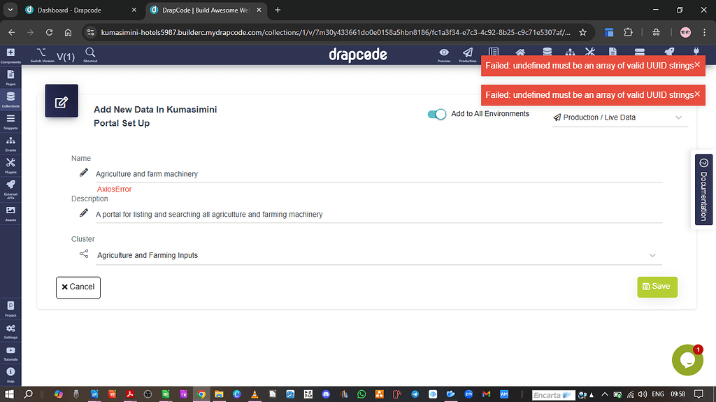 [Solved] AxiosError When adding Data into Collection - Question - DrapCode
